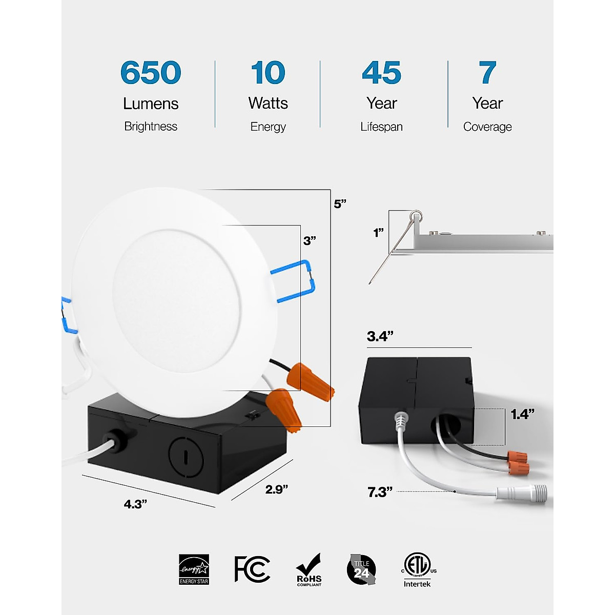 Sunco 2 Pack 4 Inch Ultra Thin LED Recessed Ceiling Lights Slim, 5000K Daylight, Dimmable, 10W, Wafer Thin, Canless with Junction Box - ETL