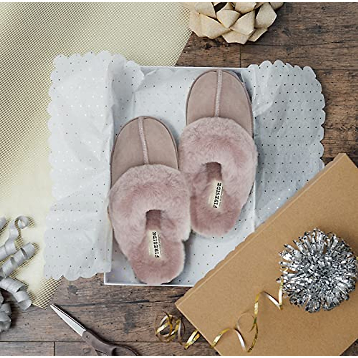 Dearfoams Womens Fireside Sydney Shearling Fur Indoor/Outdoor Scuff With Wide Widths Slipper, Dusty Pink, 9 US