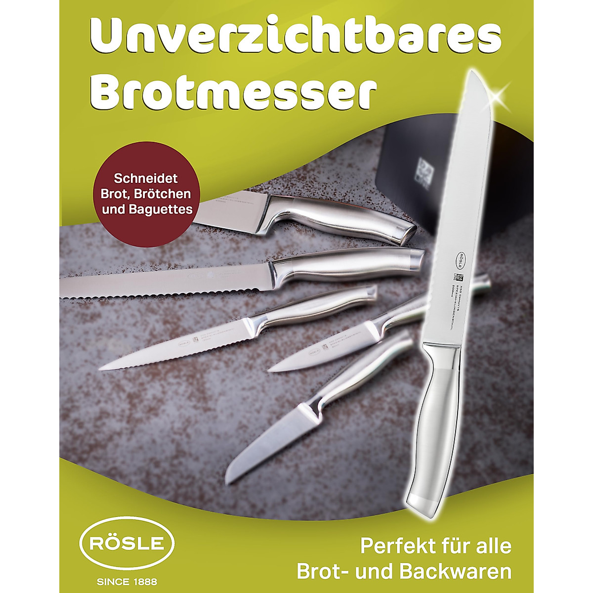 Rösle Baics Line Stainless Steel Bread Knife, 8 in Blade