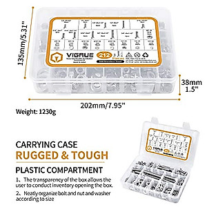 Hex Bolts Assortment Kit, VIGRUE 212PCS/53 Sets 1/4-20 5/16-18 3/8-16 Heavy Duty Bolts Screws Nuts Flat Spring Washers, Includes 10 Common SAE Sizes, 304 Stainless Steel