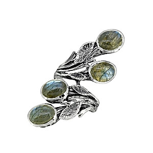 YoTreasure Natural Labradorite Solid 925 Sterling Silver Innovative Leaf Vine Design Ring