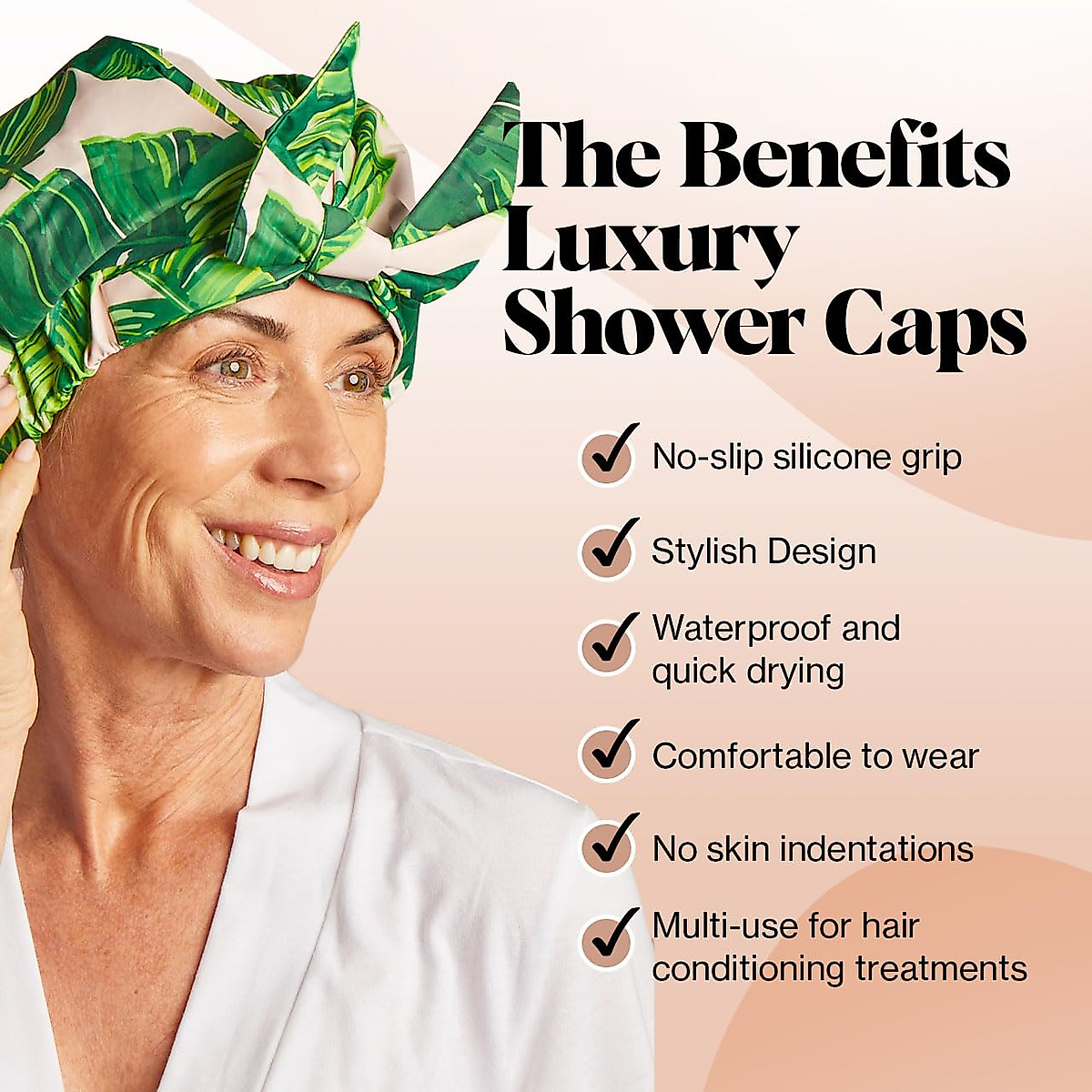 Kitsch Luxury Shower Caps for Women Reusable Waterproof - Large Shower Cap for Women and Men, Non-slip, Quick-dry Hair Cap for Long & Short Hair, Comfortable and Stylish Design - Palm Leaves