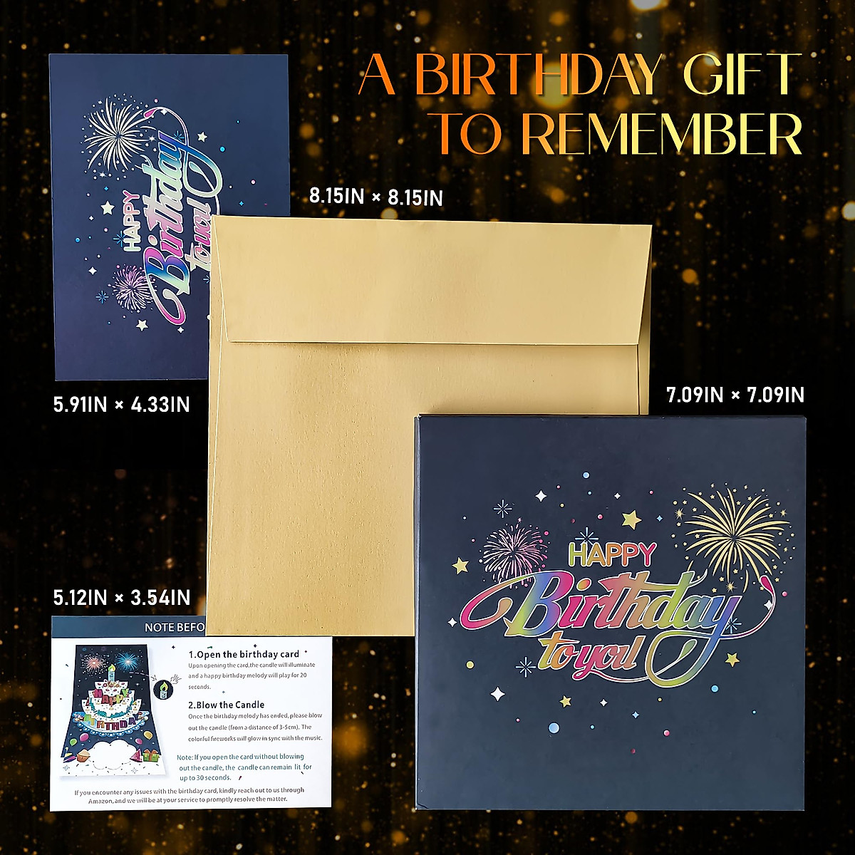 Sliafwh Happy Birthday Cards Includes Envelope, 3D Pop Up with Song, Blow Out LED Light Candle then Firework, Funny Gift for Women, Men, Mom, Dad, Sister, Kids (Upgrade)