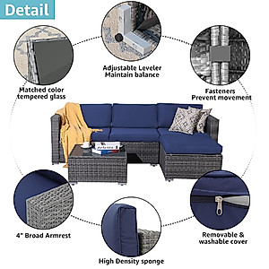 Patiorama 5 Piece Outdoor Patio Furniture Set, Outdoor Sectional Conversation Set, All-Weather Grey PE Wicker w/Navy Blue Cushions, Outdoor Backyard Porch Garden Poolside Balcony Furniture Set