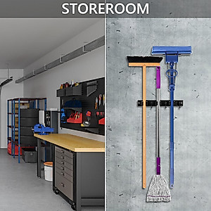YA MI Mop holder, broom holder, stainless steel wall hanging tool storage device with 3 hooks in 3 positions, suitable for home bathrooms, kitchens, and gardens