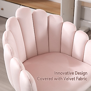 LukeAlon Kids Cute Swivel Desk Chair, Velvet Child Study Chair with Rolling Wheels and Arms, Comfy Upholstered Height Adjustable Teen Vanity Chair for Home Bedroom School, Pink