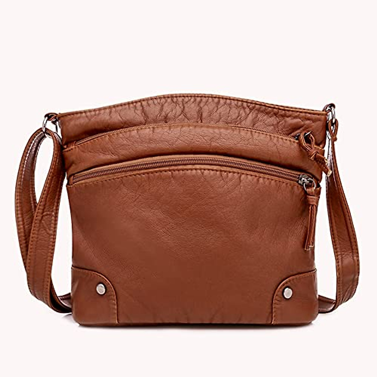 Casual Multi-zipper Messenger Totes PU Women Big Capacity Solid Shoulder Handbag, Brown, 21 x 18 x 5cm