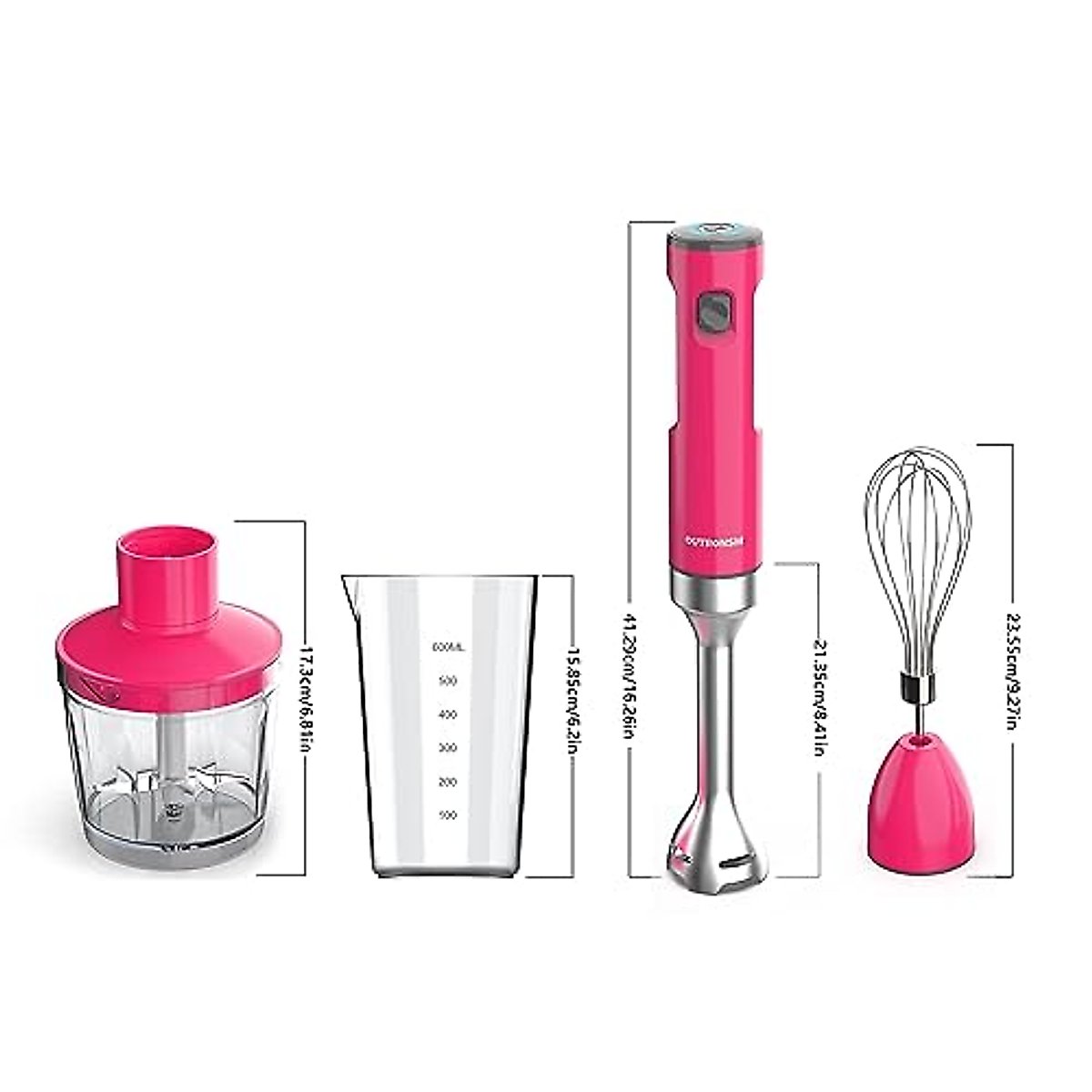 OUTRONSM Cordless Hand Blender, CordIess Immersion Blender Rechargeable, with Charging Cable, 500ml Chopper, 600ml Container, Egg Whisk, for Smoothies, Milkshakes, Infant Food and Soups – Red
