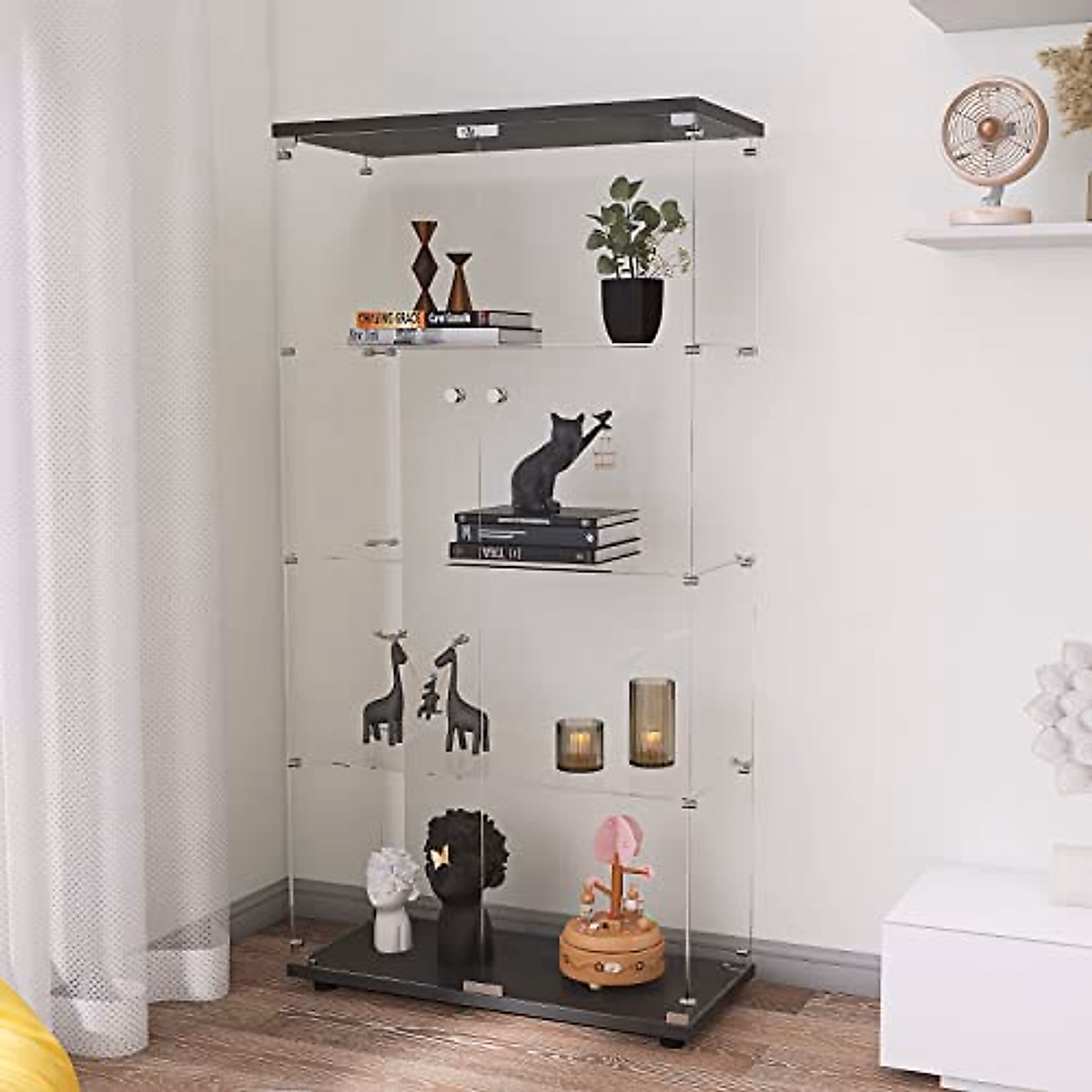 Zacis Modern 4-Tier Two-Door Glass Display Cabinet Shelves with Door Floor Standing Curio Glass Countertop Display Bookshelf for Living Room Bedroom Office