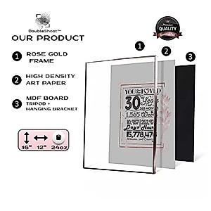 DOUBLESHOOT Framed Rose Gold 30th Birthday Decorations Sign Poster for Women - 30 Birthday Gift 12"x16" Guest Party Favors Book Alternative – with Pen & Wall Hanger – Great 30 Years Old Gifts for Her