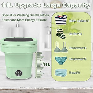 Portable Washing Machine, 11L Large Capacity, Mini Foldable Washing Machine with Spin Dryer, Small Collapsible Laundry Washer for Travel, Apartment, RV, Underwears, Socks, Baby Clothes, Green