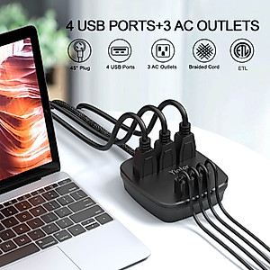 Power Strip with Phone Shelf, Yintar 6 Feet Long Braided Flat Plug Extension Cord with 3 Outlet and 4 USB Ports, Compact Size Charging Station for Home, Office, Dorm Essentials, Black
