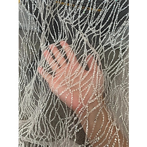Glitter Wave Lace Fabric by The Yard - Perfect for Wedding Decorations, Bridal Shower, Wedding Tablecloth - Glitter Veil, and Elegant Crafts - 58 inch - 1 Yard (Silver White)