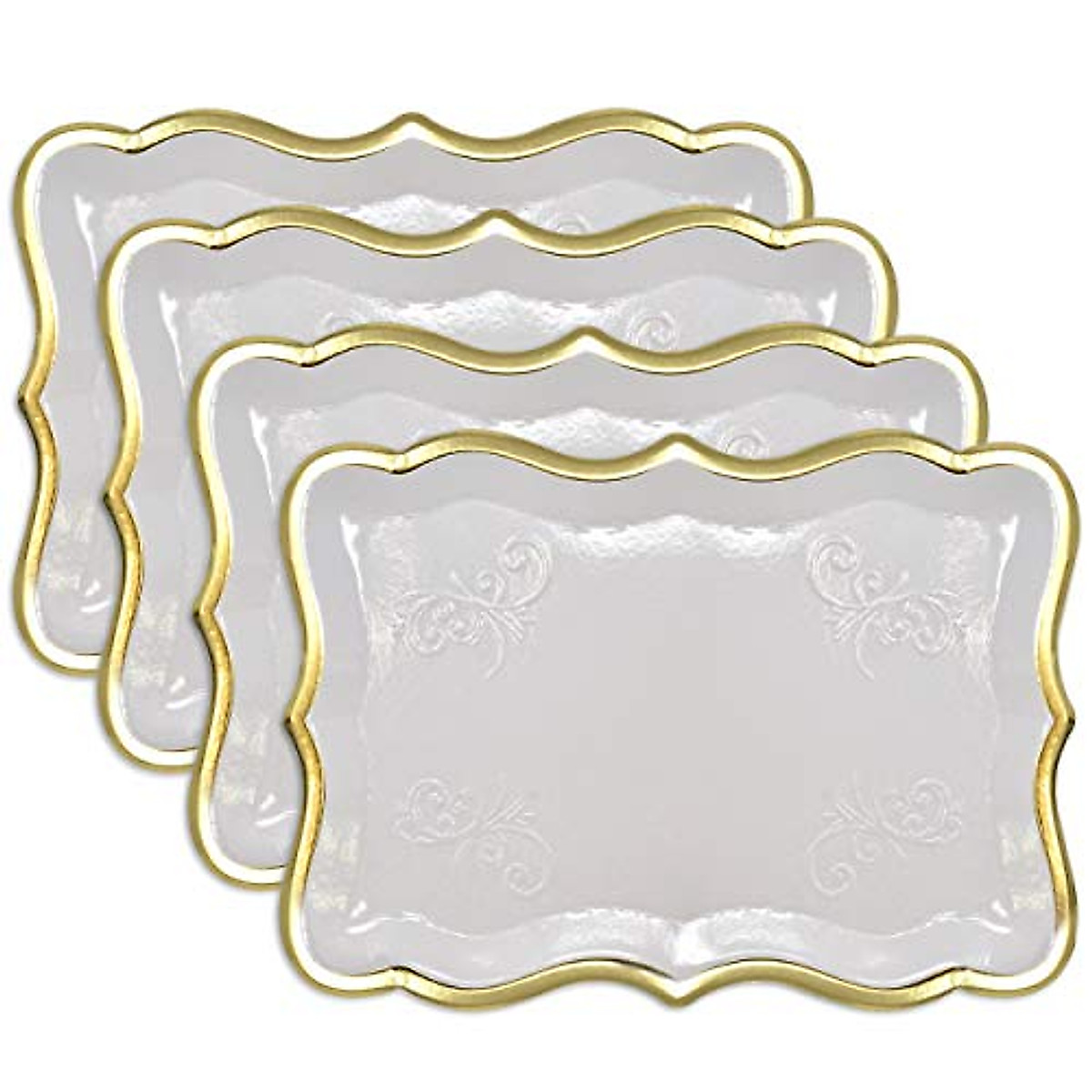 10 White Rectangle Trays with Gold Rim Border for Elegant Dessert Table Serving Parties 9" X 13" Heavy Duty Disposable Paper Cardboard for Platters, Cupcake Display, Birthday Party, Weddings Food Safe