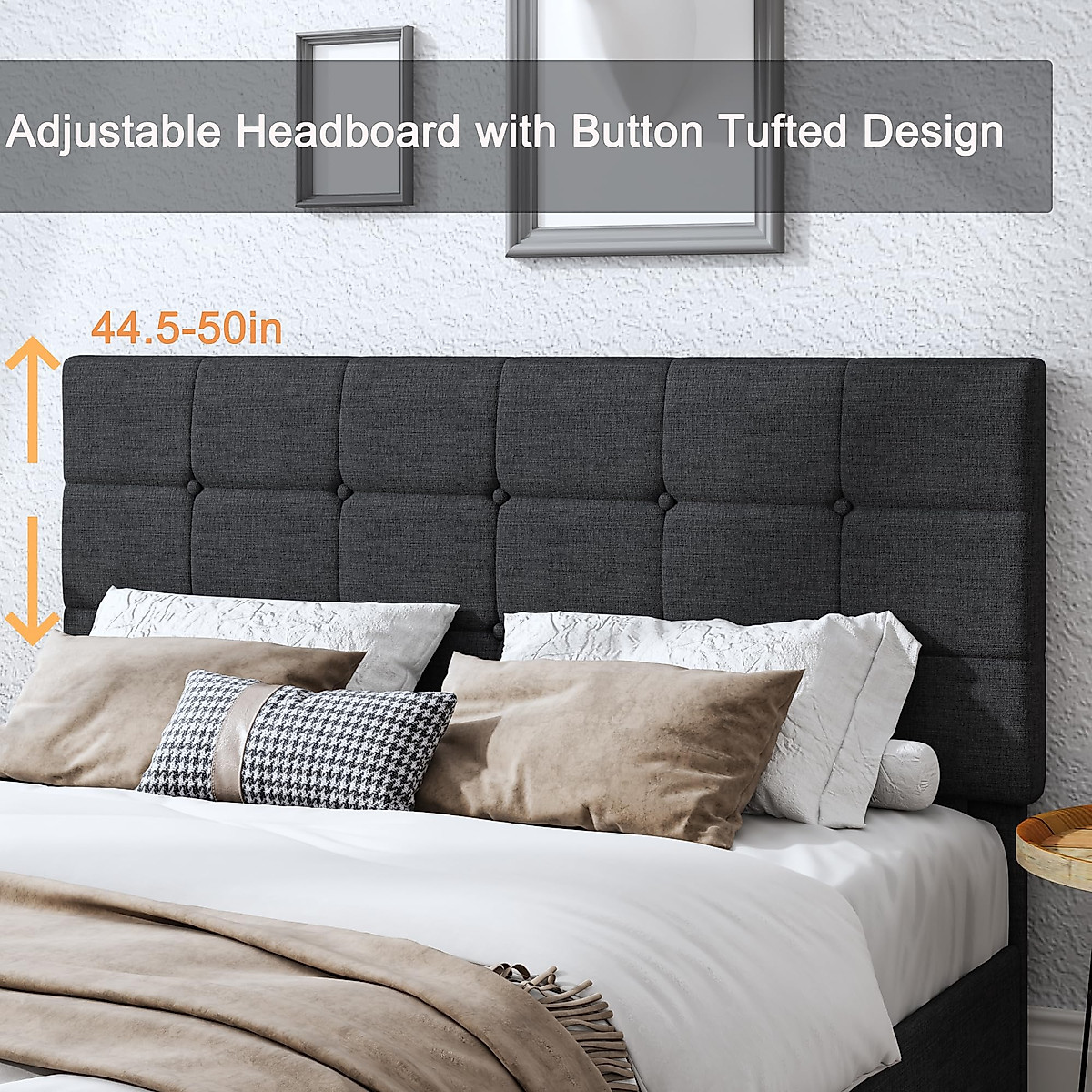 Modern Upholstered Bed Frame with 4 Storage Drawers, Platform Bed with Adjustable Button Tufted Headboard, Solid Wooden Slat Support, Easy Assembly, Full Size, Black