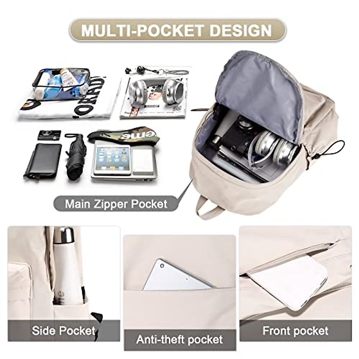 UPPACK Backpack Lightweight bag Waterproof college backpack for cute Aesthetic backpack Casual Daypack for Men Women(Beige)