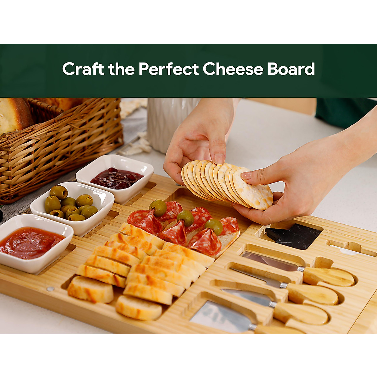 Easoger Bamboo Charcuterie Boards and Knife Set, 3 in 1 Magnetic Extra Large Cheese Board with 3 Bowls, Wedding Gifts, House Warming Gifts for Couples