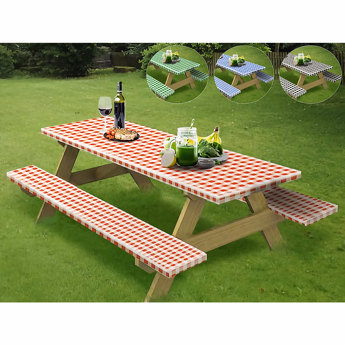 wagude Rectangle Vinyl Camping Picnic Table Cover + Benches 3-pc Set,30x72'' (6-FT) Flannel Backing Elastic Waterproof Wipeable red/White Checkered Plastic Tablecloth for Indoor Outdoor Patio Park