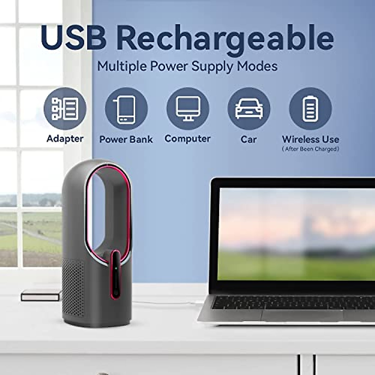 LOMMOL Desk Fan, 11.8 Inch Bladeless Fan Mini Office Fan, USB Table Fan With Comfy Wind, Desk Fan Small Quiet with 3 speeds Touch Control for Office Bedroom Dorm Workday Companion