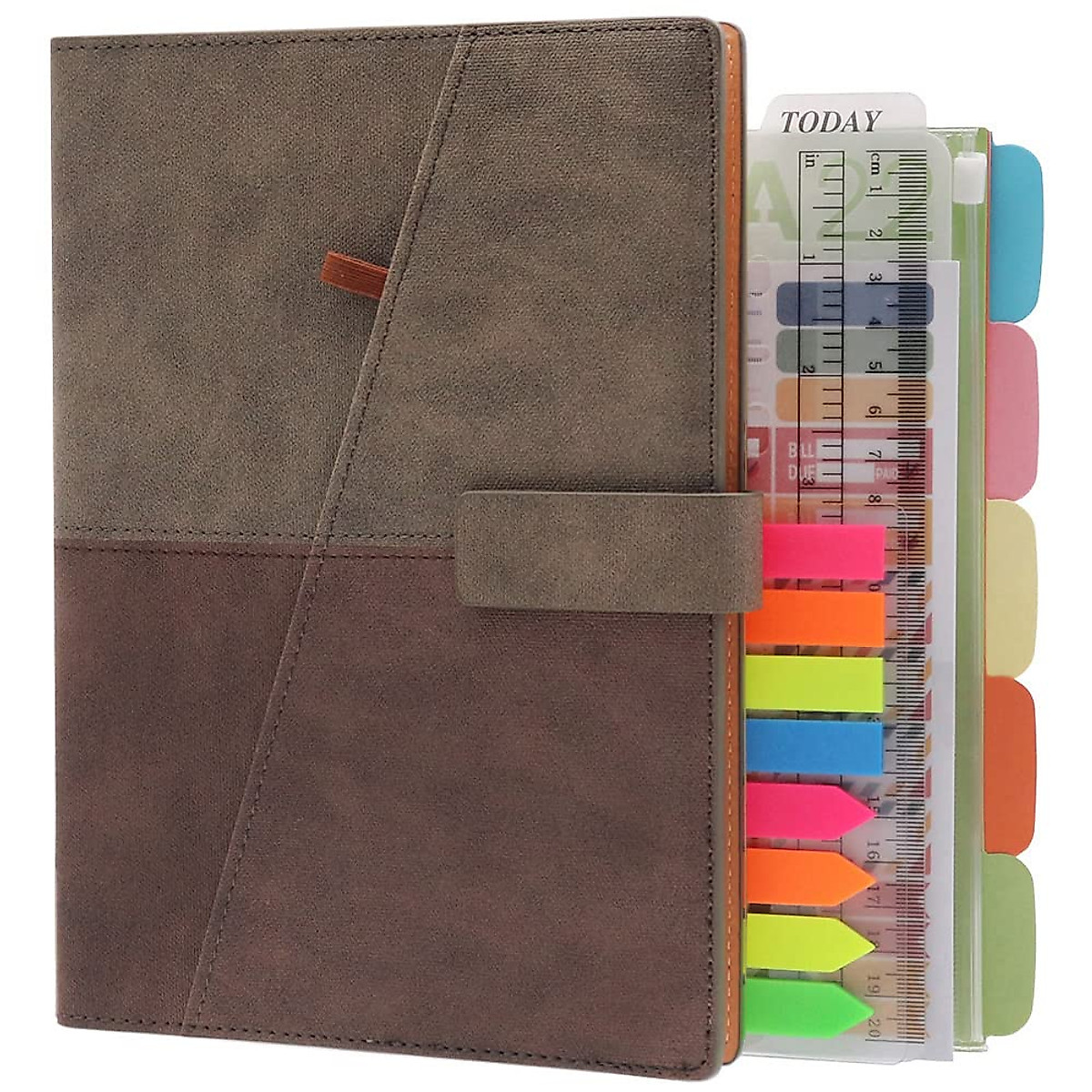 HXRTANGS A5 Loose-Leaf Notebook, Refillable 6-Ring Binder Journal Organizer with 80 Sheets Lined Paper + Planner Stickers + Subject Dividers + Index Tabs + Zip Bag + Stencil + Bookmark Ruler, Brown