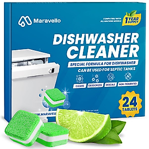 Maravello Dishwasher Cleaner and Deodorizer – 24 Tablets – Dish Washer Machine Deep Clean Descaler Pods for Heavy Duty Grease, Limescale, Hard Water, and Calcium – 12 Months Supply