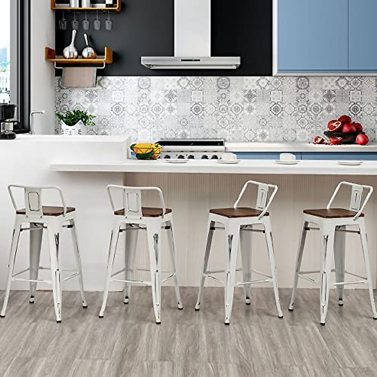 Andeworld Bar Stools Set of 4 Counter Height Stools Industrial Metal Barstools with Wooden Seats(24 Inch, Distressed White)