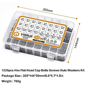 VIGRUE 1225PCS Metric M2 M3 M4 M5 Flat Hex Head Socket Cap Screws Black Zinc Plating Alloy Steel Small Bolts Nuts Washers Assortment Kit, Allen Socket Drive with 4Pcs Hex Wrenches