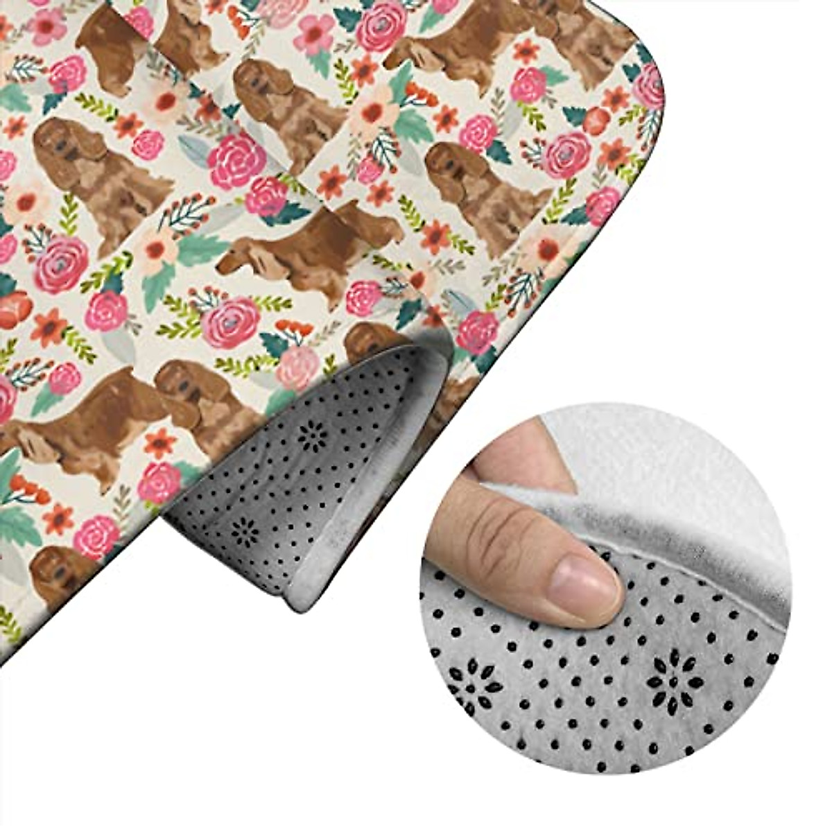 Cute Cocker Spaniel Dog Flower Floral 3D Print Bath Mat for Bathroom Rugs Sets 3 Piece，U-Shaped Contour Shower Mat Non Slip Absorbent ,Flannel Fabric Toilet Lid Cover Washable ,Doormat Antiskid Pad
