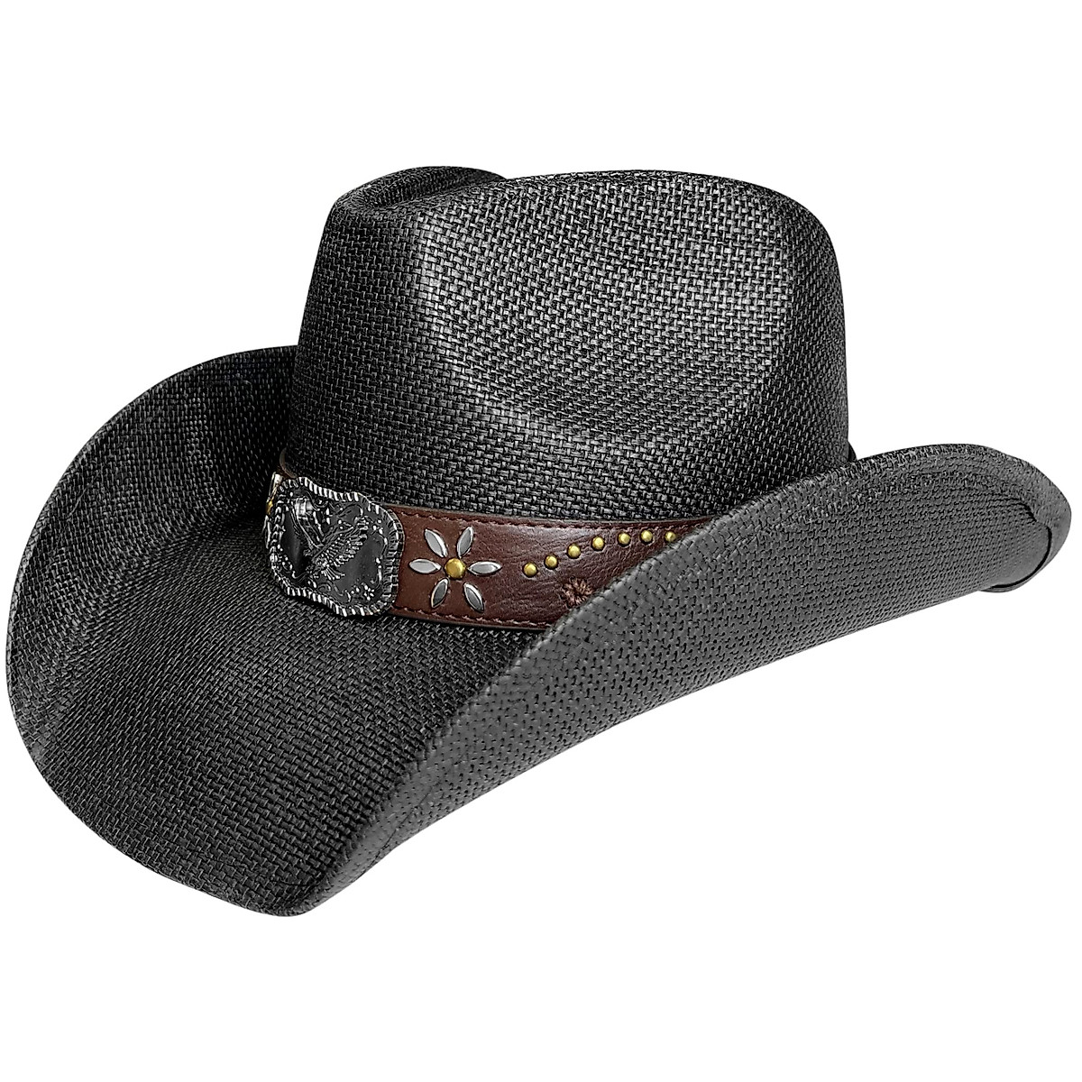 Western Outback Cowboy Hat Men's Women's Style Straw Felt Canvas (Black Eagle)