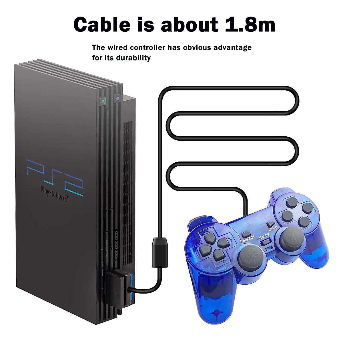 JINHOABF 2 Pack PS2 Wired Controller,Double Shock Gamepad Compatible with Playstation 2 Console (Clear Red and Clear Blue)