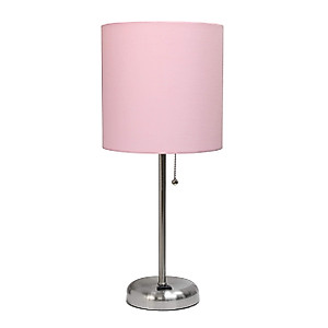 Simple Designs LT2024-LPK Brushed Steel Stick Table Desk Lamp with Charging Outlet and Drum Fabric Shade, Light Pink