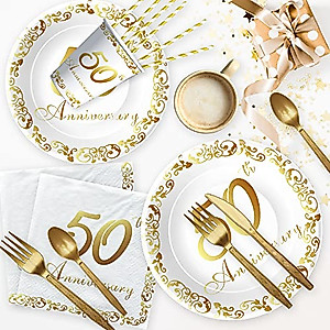 APOWBLS 50th Anniversary Decorations And Supplies Tableware - Golden 50th Wedding Anniversary Decorations, Plate, Cup, Napkin, Tablecloth, Cutlery, Straw, 50 Year Anniversary Party Supplies | Serve 24