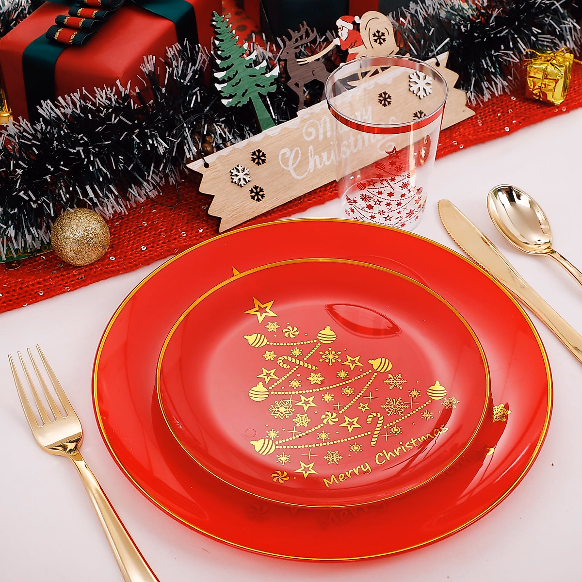 LIYH 150 PCS Plastic Christmas Dinnerware Set, Red Plastic Christmas Plates, Disposable Christmas Dinnerware with Christmas Tree Design, Plastic Christmas Silverware, Christmas Cups 25 Guests