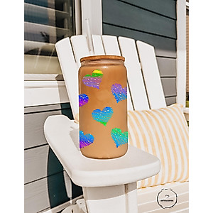 Rainbow Hearts Glass Cup 16 oz Glass Cup with Bamboo Lid and Reusable Straw