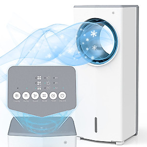 Evaporative Air Cooler, Portable Bladeless Fan, Air Cooler Fan with 3 Wind Speeds and 3 Modes, 90° Automatic Swing, 1 Gallon Water Tank, 2 Ice Packs, 7H Timer, Remote Control, for Room Home Office