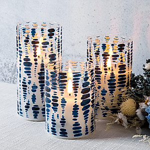 Eywamage Flameless Candles in Blue Glass Jar, Flickering LED Pillar Candles with Remote Set of 3