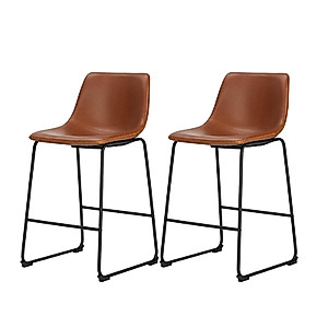 Sweetcrispy Counter Height Bar Stools Set of 2, Modern Counter Stool Faux Leather Barstools with Back, 26 inch Seat Height Island Stools Countertop Comfortable Brown Bar Chairs with Metal Legs