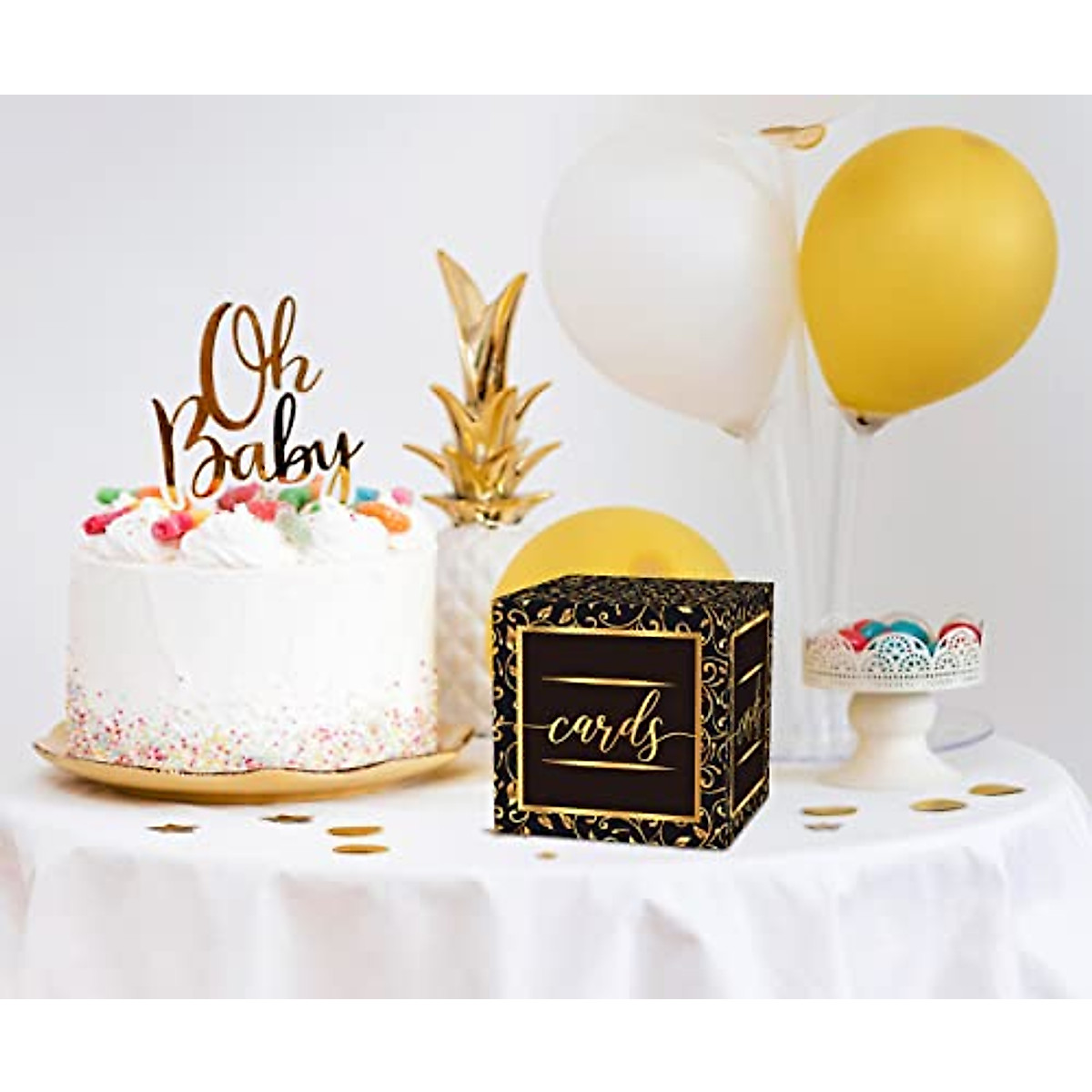 Black Gold Foil Card Box - Collapsible Money Box or Gift Box for Baby & Bride Shower, Birthday, Wedding Reception, Engagement Party, Graduation - 8"x8"x8" Party Favors Decorations Boxes(03)