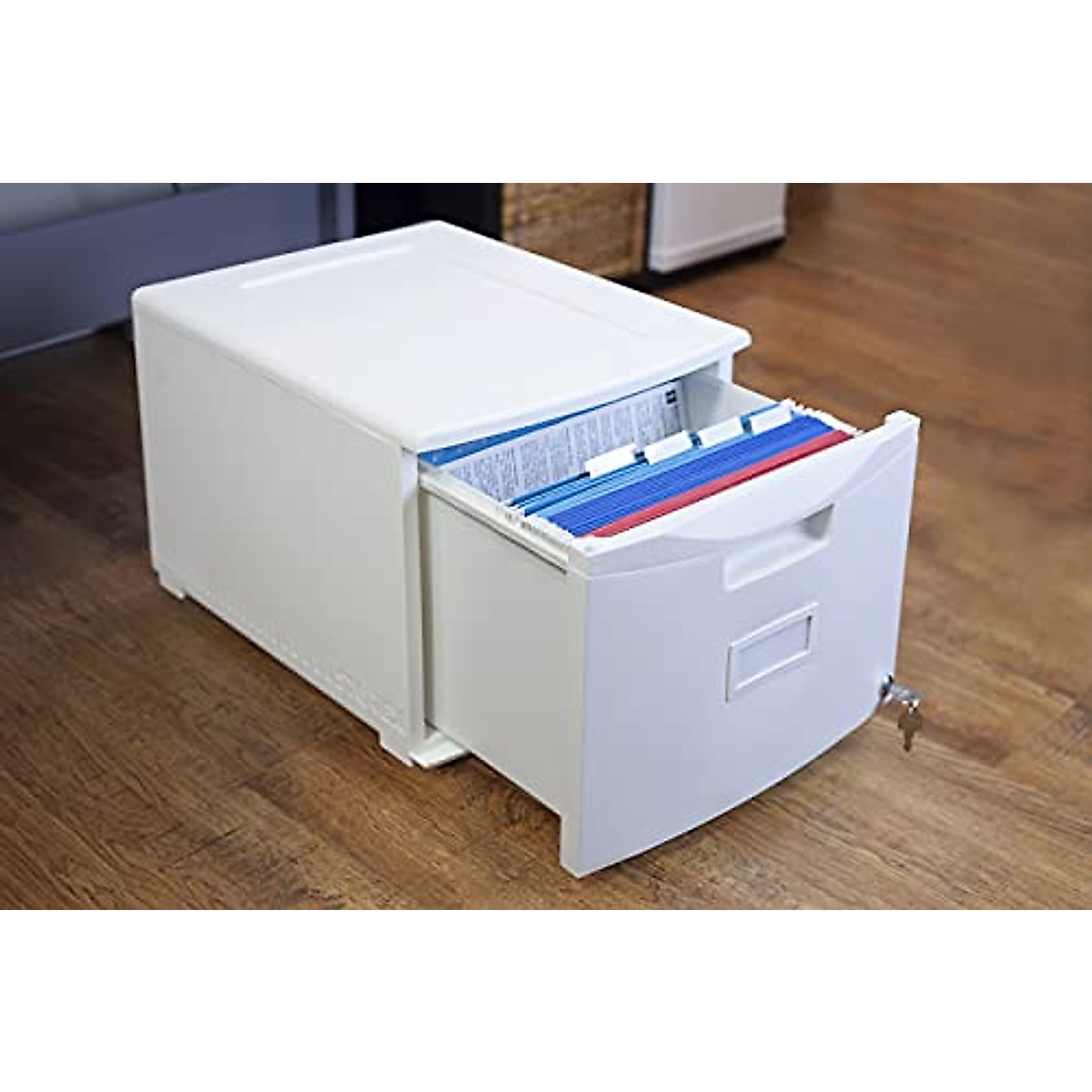 Storex Plastic One-Drawer File Cabinet – Locking Document Organizer for Home and Office, White, 1-Pack (61271B01C)