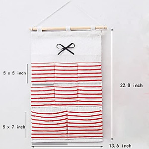 Halyuhn 23 x 14 Inch 8 Pockets Wall Hanging Storage Bag, White Red Striated Waterproof Linen Fabric Organizer with Self Adhesive Hook Wood Bar, Narrow 3-Shelf Over The Door Closet Pockets Chart