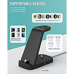Apetiy Charging Station for Multiple Devices Apple, 3 in 1 Fast Charging Station Dock for iPhone 14/13/12/11 (Pro)/XS/XR/X/8/7/6/5, Apple Watch Series Ultra/8/7/6/SE/5/4/3/2 & AirPods with Adapter