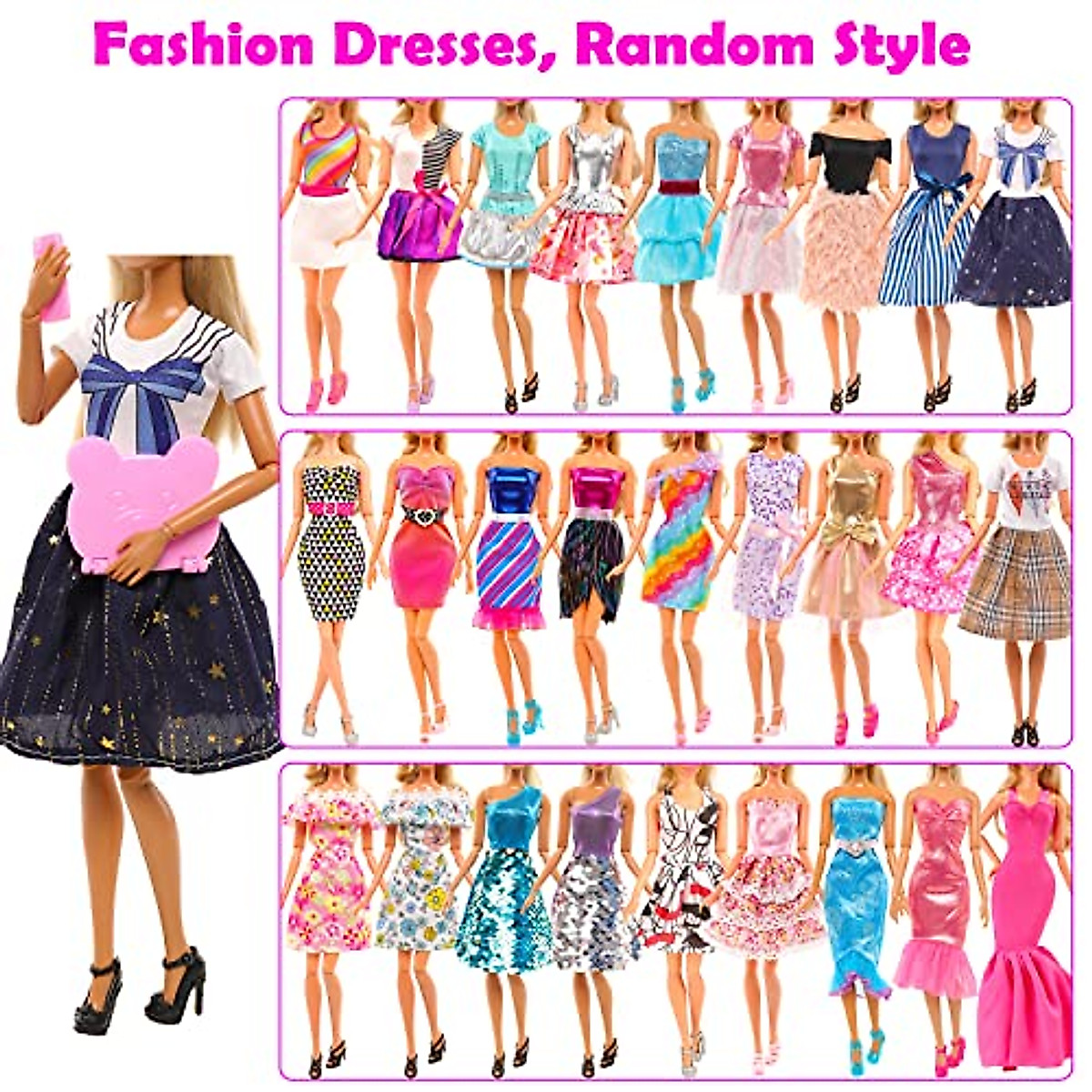 BARWA 57 Pack Doll Clothes and Accessories 5 Fashion Dresses 4 Tops 4 Pants Outfits 3 Wedding Gown Dresses 3 Swimsuits Bikini 5 Mini Dresses, 10 Hangers 15 Shoes Computer Cosmetic for 11.5 inch Doll