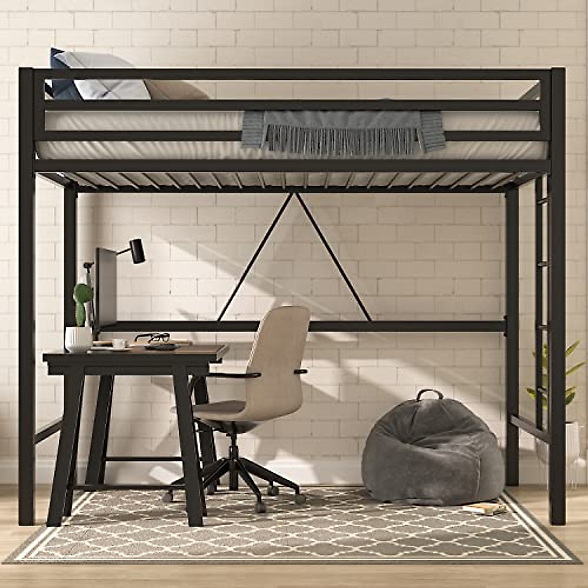 IMUsee Loft Bed Frame for Juniors&Adults, Metal Loft Bed Twin Size with Safety Guardrail&Removable Ladder, Space-Saving, Noise Free, Matte Black