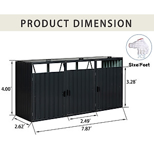 Outdoor Trash Can Storage, Storage Shed for Trash cans and Tools,Waterproof Garbage Bin shed,Metal Trash Can Storage Shed Outdoor for Garden Yard (Black-3 Doors)