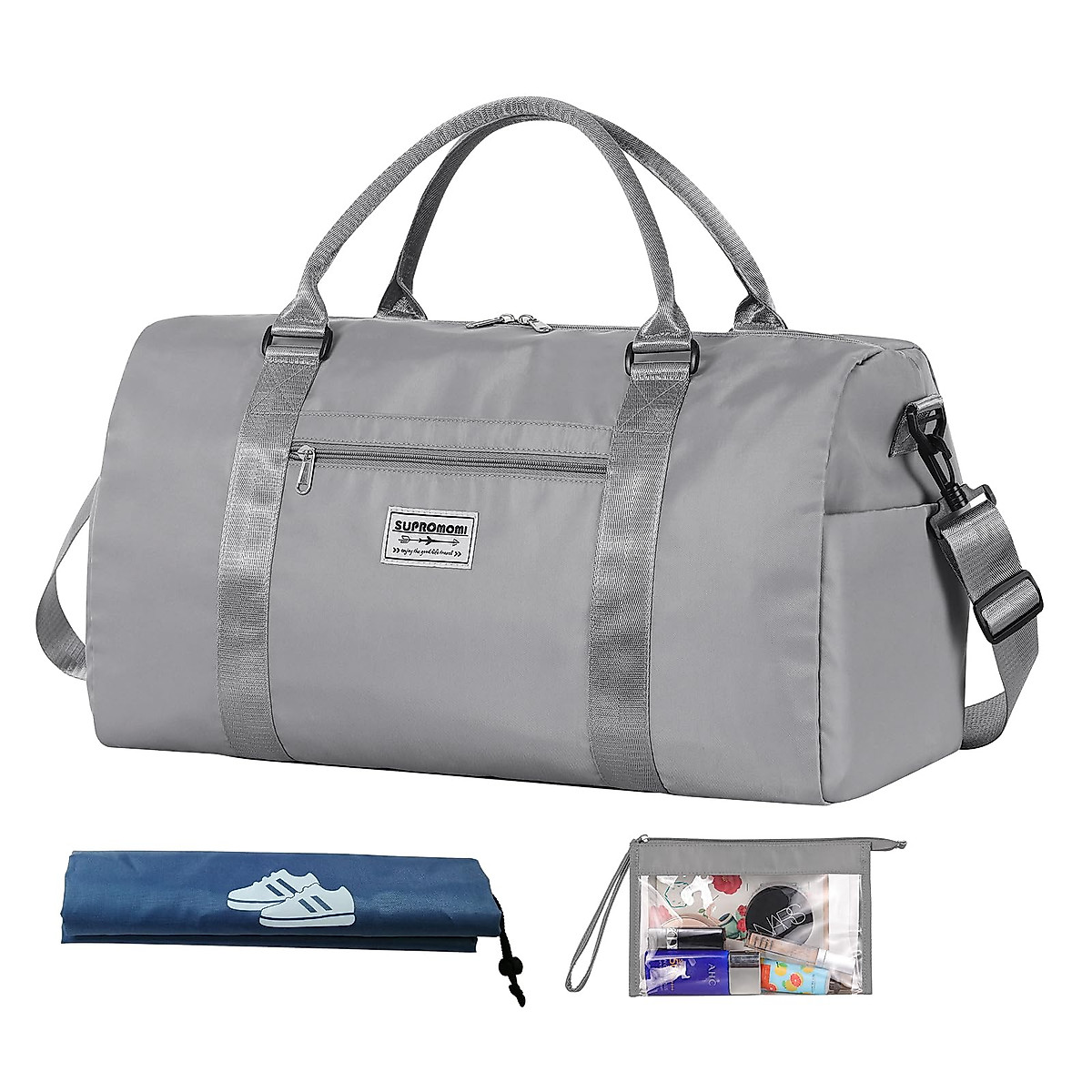 SUPROMOMI Large Travel Duffel, Sports Tote, Gym Yoga Bag - Airplane Carry-on with Extra Shoe & Small Clear Makeup Bag - Overnight Crossbody for Men & Women - Grey