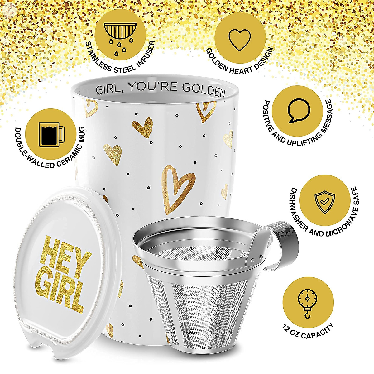 Hey Girl Tea Cup with Infuser and Lid - Double-Walled Insulation & Ceramic Outer Tea Infuser Mug - Fine-Mesh Strainer Basket - Gift-Inspired Packaging - 12 oz
