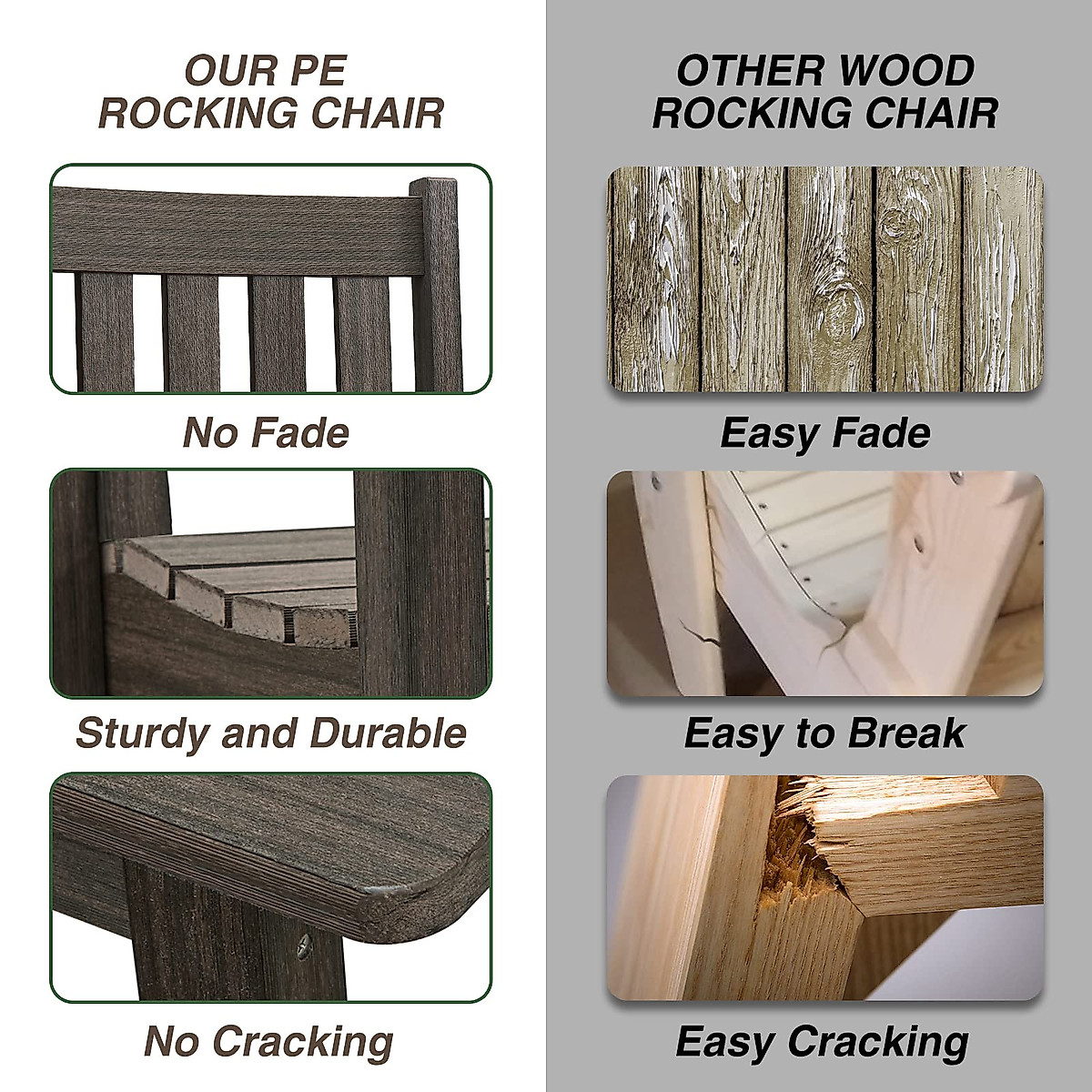 ACUEL Outdoor Rocking Chair Set of 2, HDPE Oversized Patio Rocking Chairs, Weather Resistant, 350lbs Heavy Duty Porch Rocker with High Back for Backyard, Fire Pit, Garden and Indoor (Dark Brown)