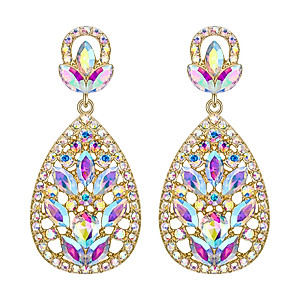 EleQueen Clip On Earrings for Women Rhinestone Crystal Wedding Bridal Bohemia Teardrop Chandelier Dangle Earrings Iridescent Clear Gold-Tone