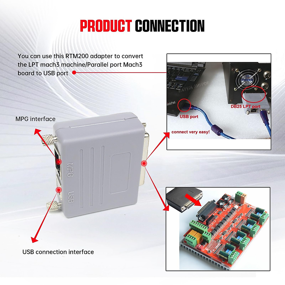 RATTMMOTOR Parallel to USB Adapter 200KHz MACH3 USB to Parallel Adapter RTM200 DB25 LPT Cable to USB Motion Controller Converter with USB Cable for LPT/USB Mach3 CNC Router Engraving Milling Machine