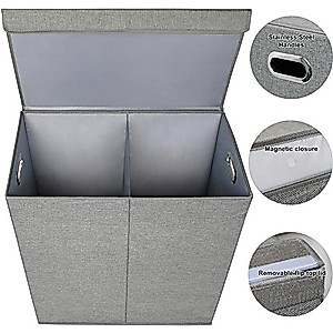 Greenco Double Laundry Hamper w/Lid, Gray | 2 Section/Compartment, Divided, Foldable Hampers | Dirty Clothes/Landry Basket, Bag, Organizer, Storage | Room Organization Accessories, Bedroom Essentials